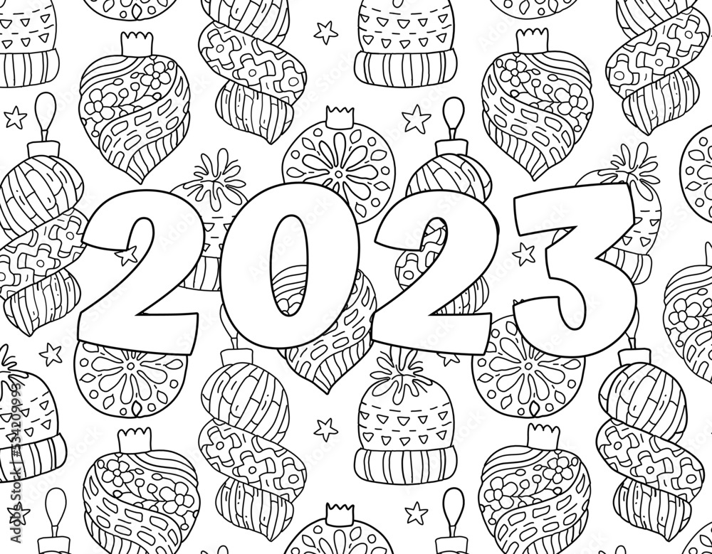 Hand drawing coloring page for kids and adults. Holiday greeting New ...