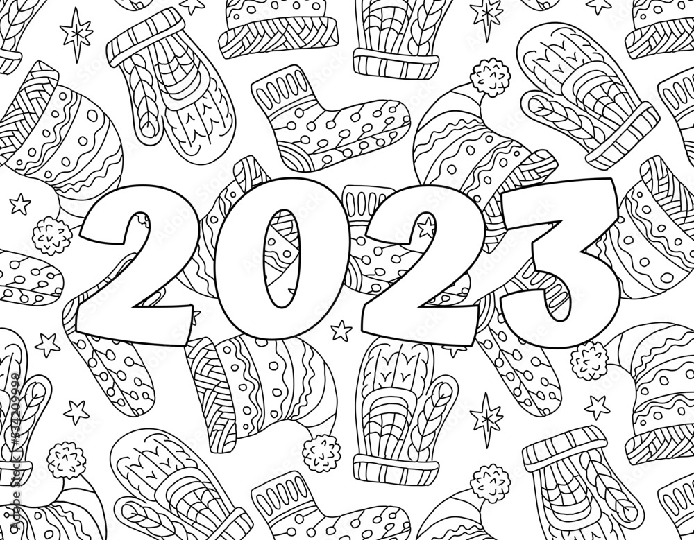 Hand drawing coloring page for kids and adults. Holiday greeting New ...