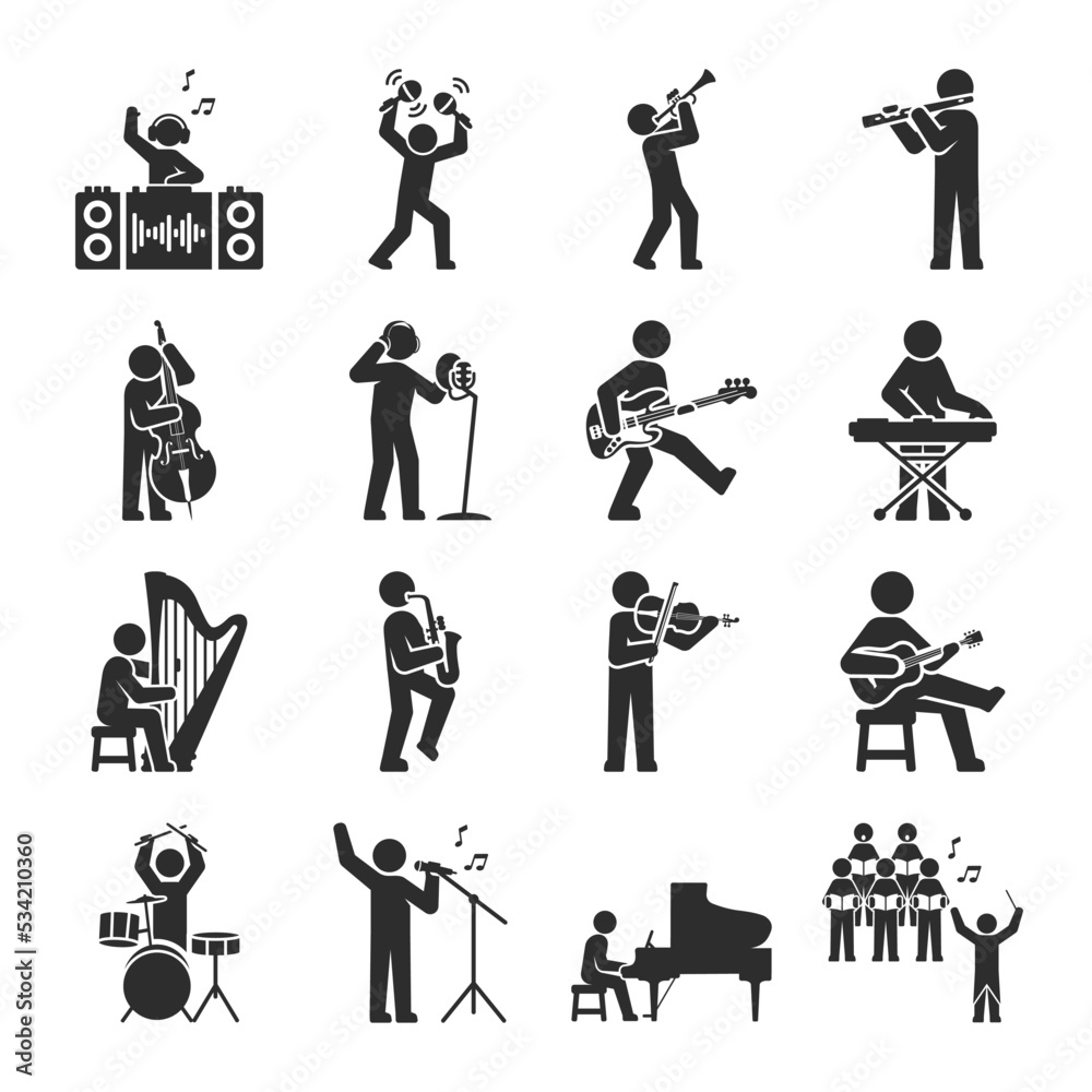 Musicians icons set. Playing a musical instrument. People and different ...