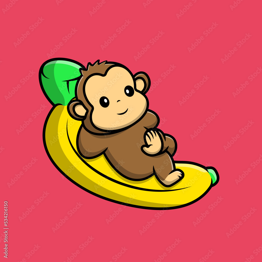Cute Monkey Laying On Banana Fruit Cartoon Vector Icons Illustration ...