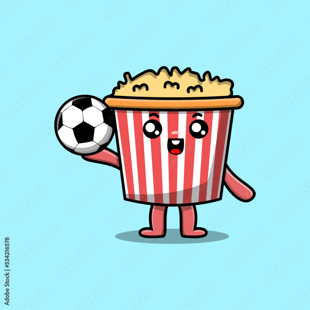 Cute cartoon Popcorn character playing football in flat cartoon style ...