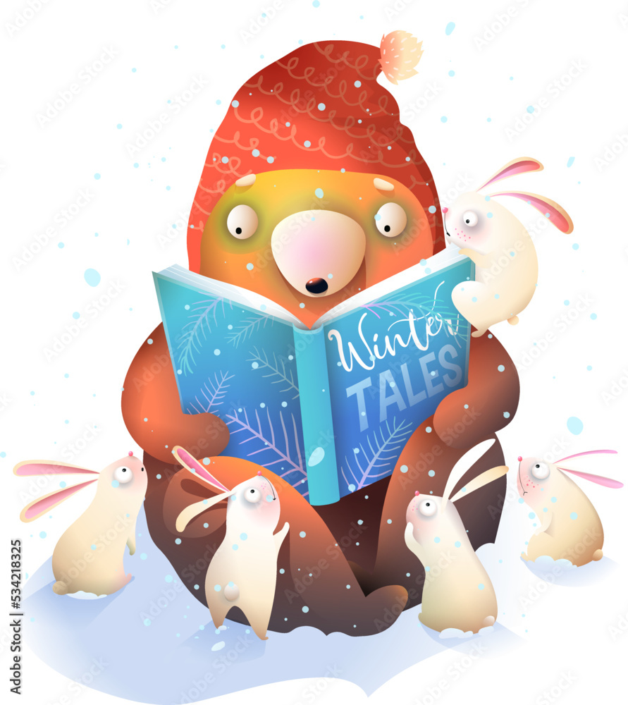 Bear teacher reading book to rabbits in winter, storytelling ...
