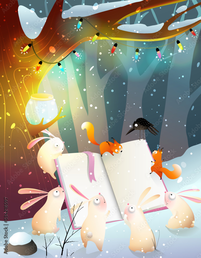 Animals reading book under big tree at night, rabbits and squirrel in ...