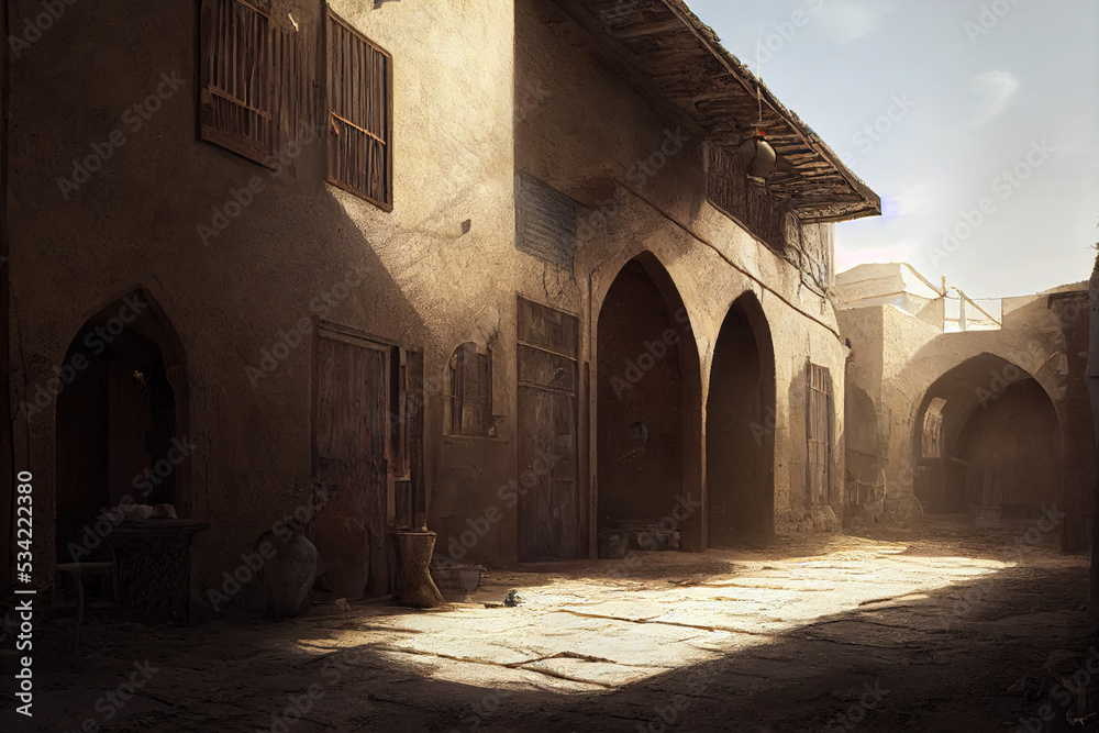 Middle Eastern street in the medieval times. Ancient Persian alleyway ...