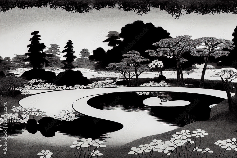 Ying and Yang symbol formed out of a pond in a Japanese garden ...