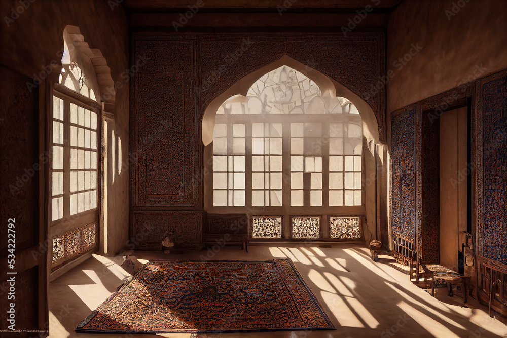 Old Persian house. Interior of a home in Persia with Persian rugs on ...