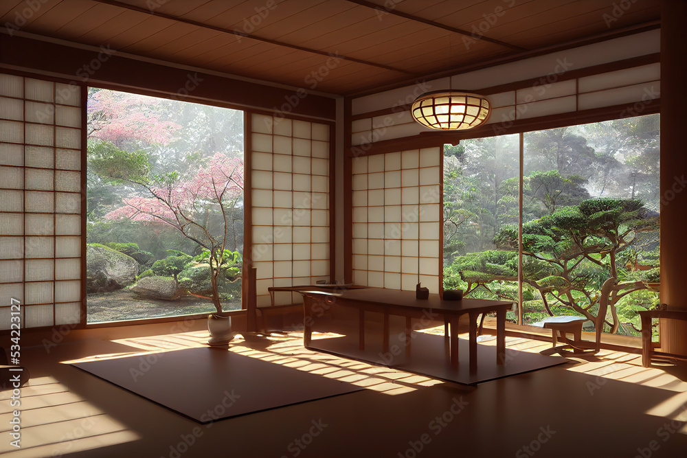 Inside of Japanese tea room with shutter blinds. Outside view of an ...