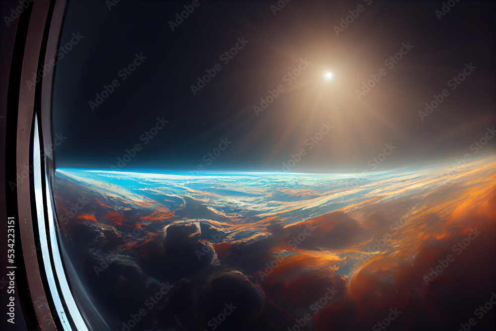 View from a space shuttle. Large round window overlooking earth from ...