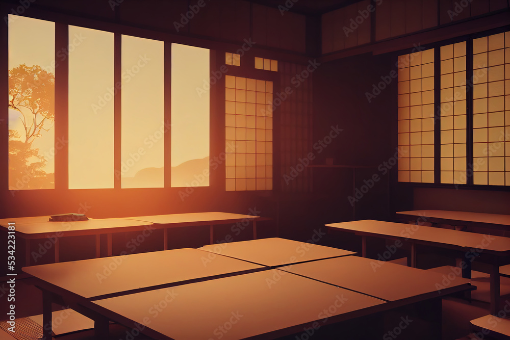 Interior of a sunlit Japanese classroom. 2D illustration featuring ...