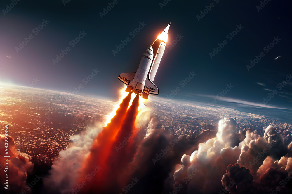 The launch of a space shuttle into space. Fire and smoke around the ...