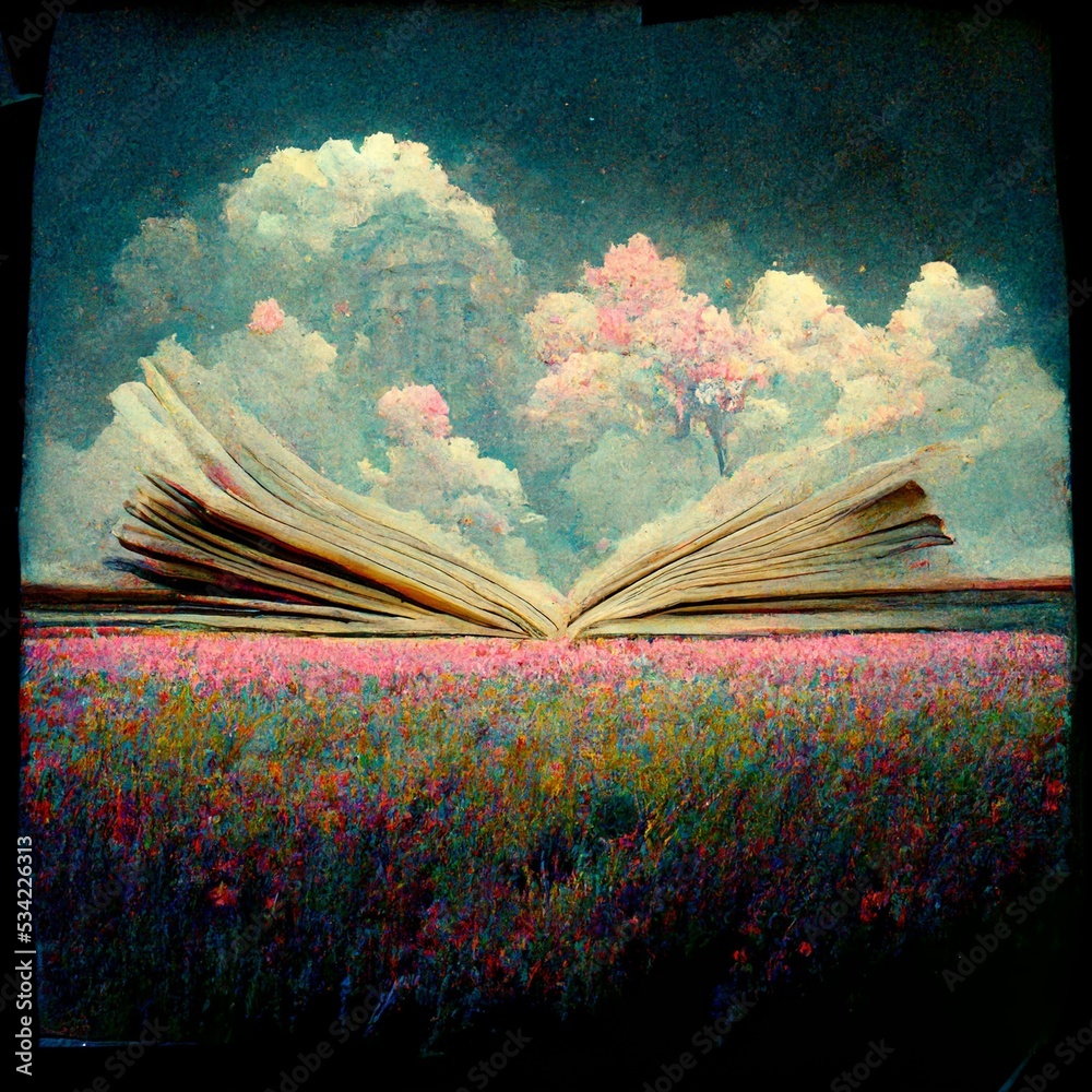 Giant Open book in a field of flowers with beautiful pages and clouds. Painting, concept art ...