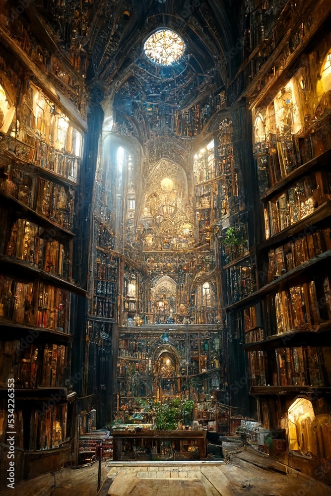 Alchemist sorcerer giant library, esoteric library with spell books ...