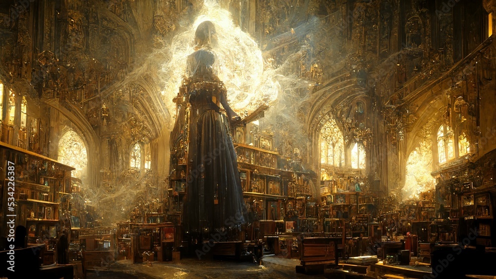 Alchemist working in his library, esoteric library with spell books ...