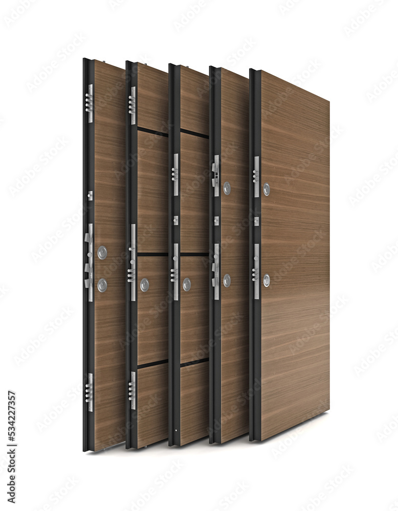 Various door panels and door lock types 3d illustration white ...