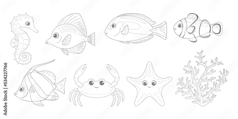 Coloring page outline of coral reef fish. Set of crab, starfish ...
