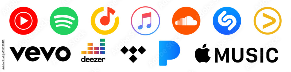 Set of logos for popular music streaming services. Apple music, Spotify ...