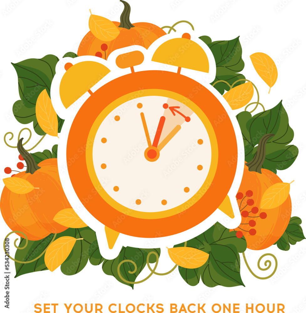 Fall back time concept banner. Clock on the fall background with ...