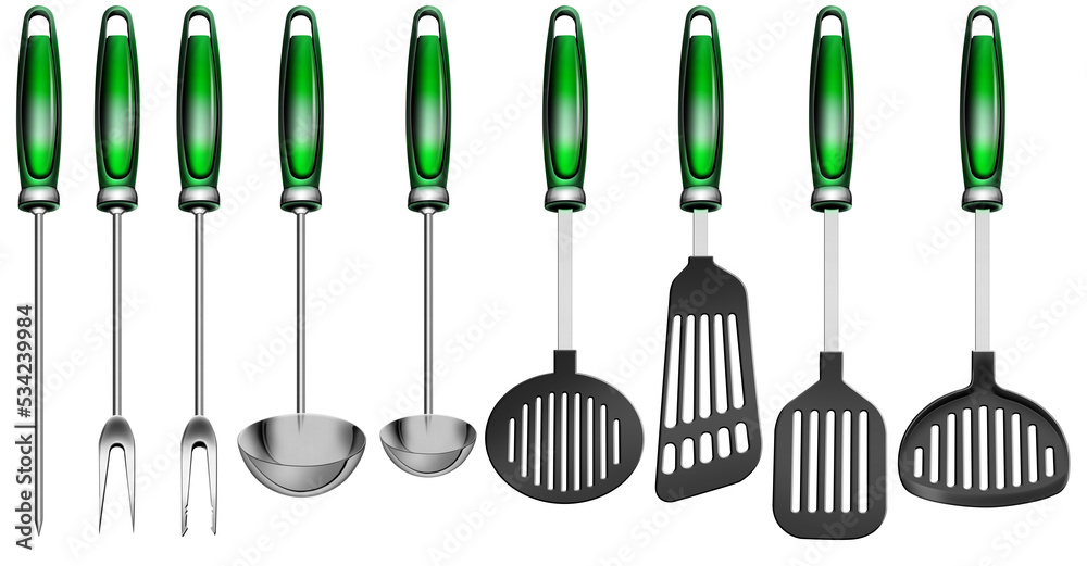 Collection of nine kitchen utensils made of stainless steel and green ...