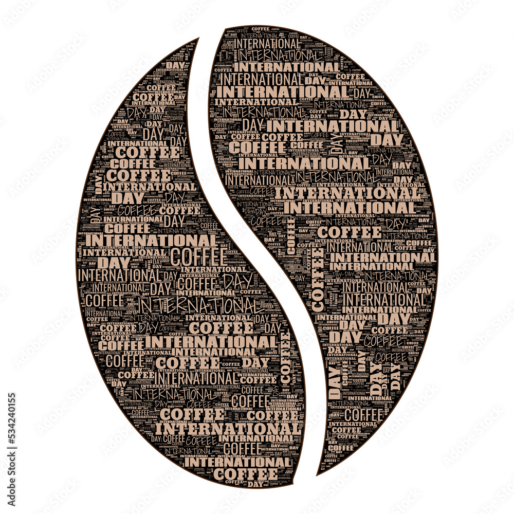 International coffee day in word cloud collage in coffee bean-shaped ...