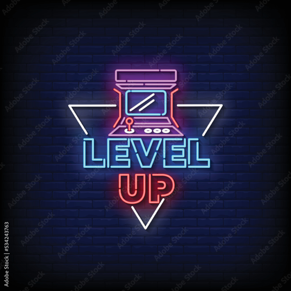 Neon Sign level up with Brick Wall Background vector Stock Vector ...