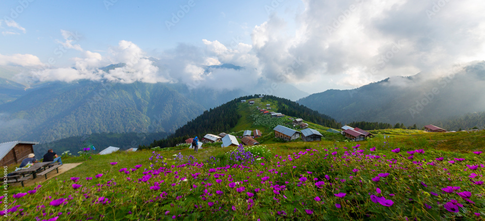 Traditional wooden houses at highlands. Landscape photo was taken in ...