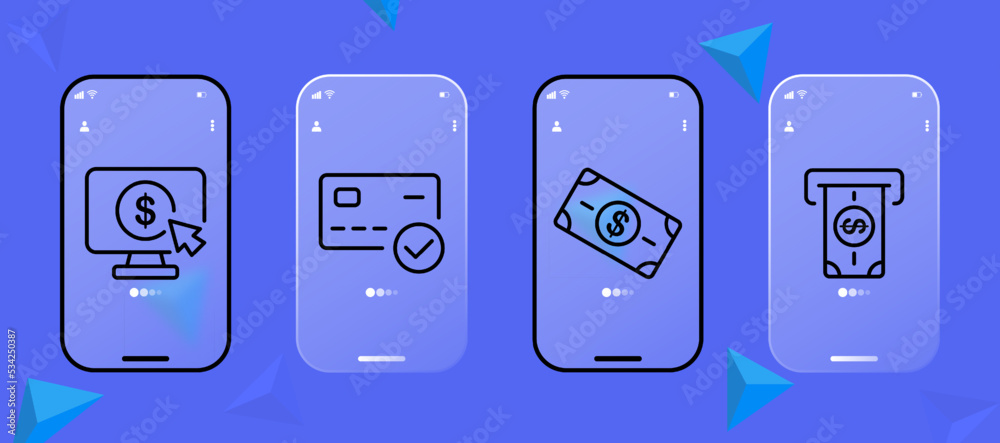 Money set icon. Card, wallet, check, mail, bill, ATM, terminal, dollar ...