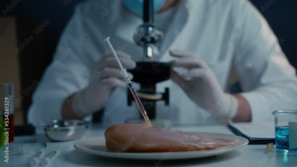 Lab assistant testing GMO chicken. Worker of food quality control ...