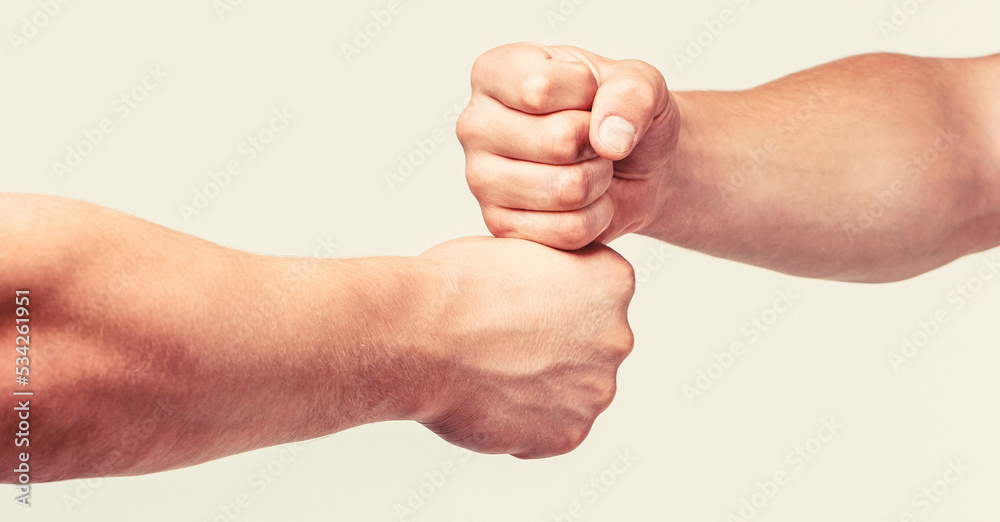 Two hands, isolated arm. Hands of man people fist bump team teamwork ...