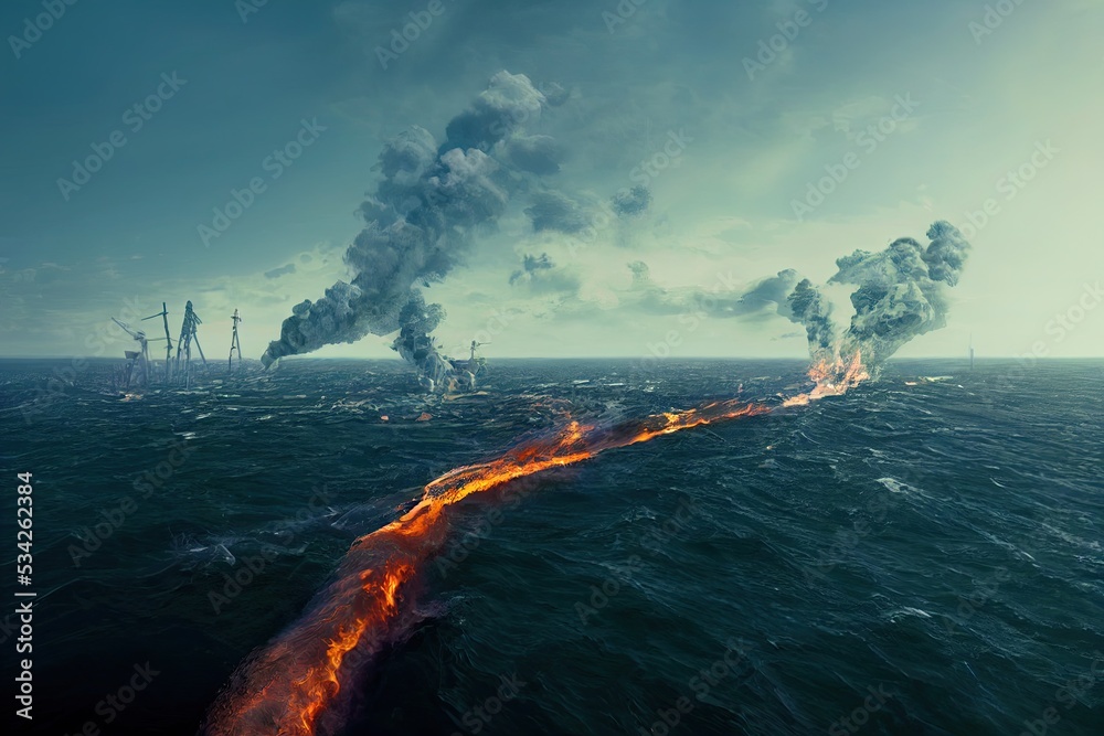 Sabotage of the underwater gas pipelines. Underwater explosion and gas ...