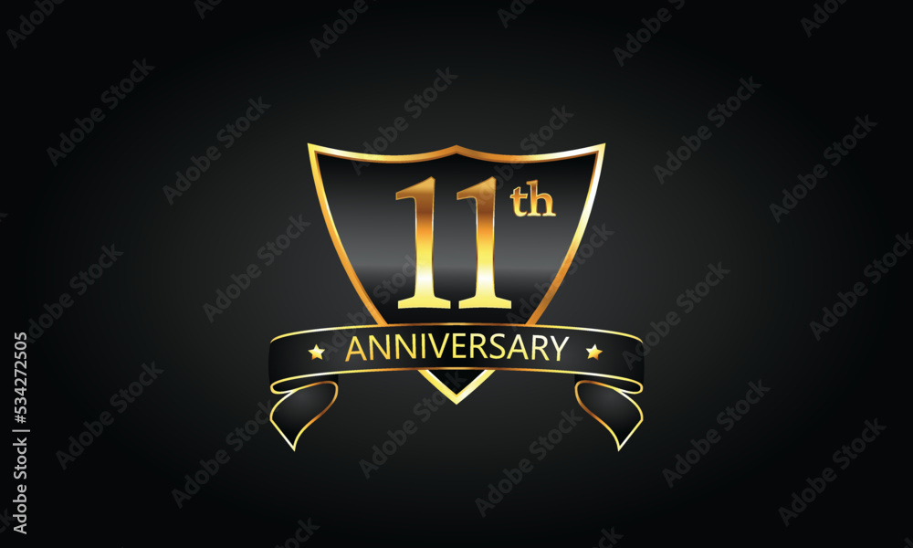 11 year anniversary logo with golden shield and ribbon. Dark concept ...
