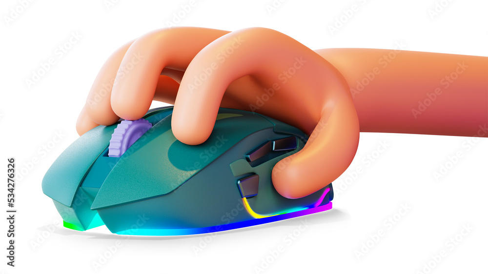 Computer mouse and hand, 3d render. Cartoon character holding a ...
