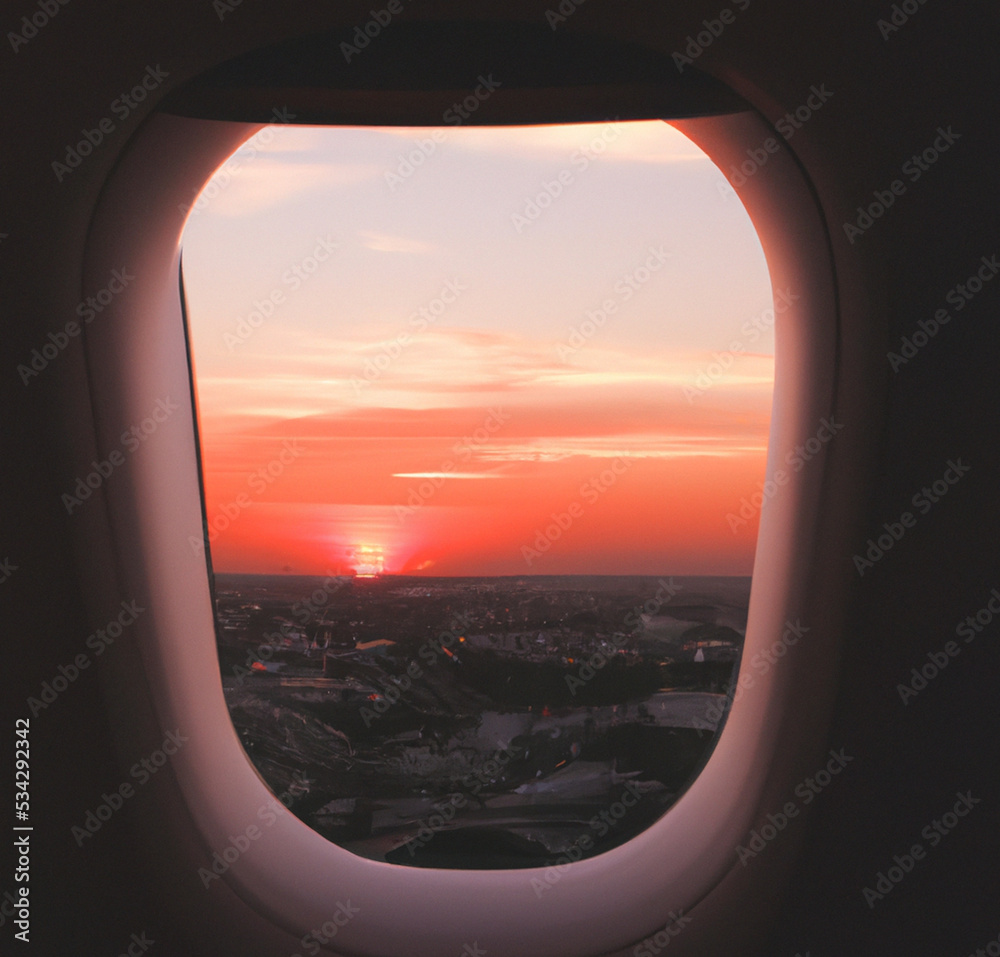 Beautiful scenic city view of sunset through the aircraft window. Image ...