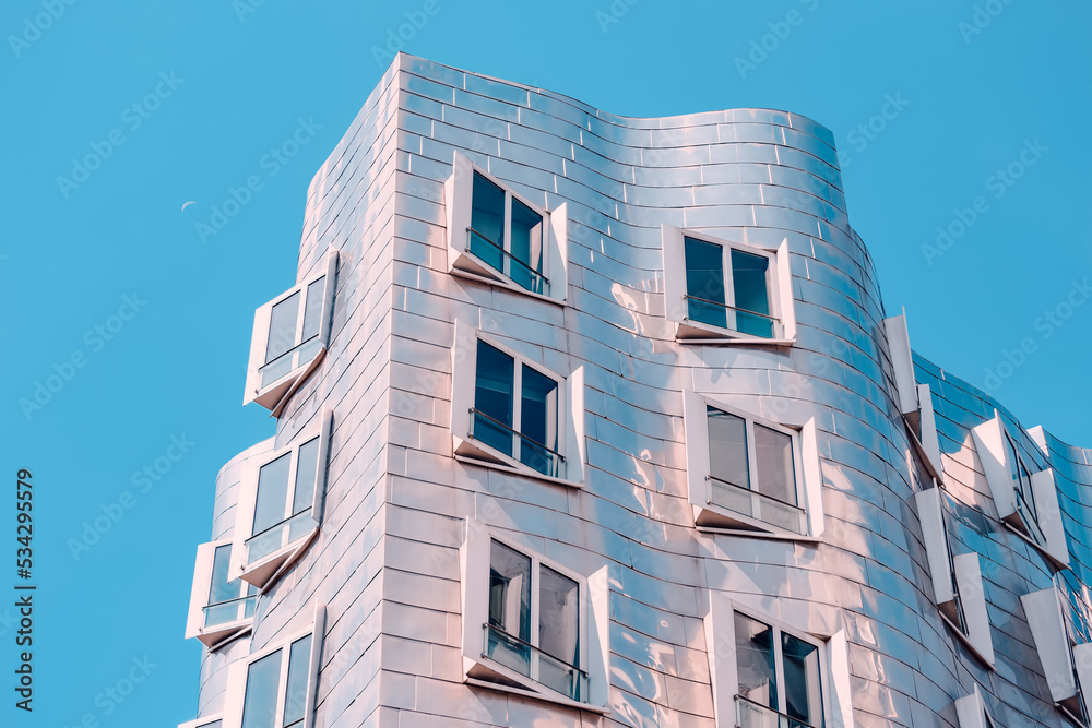 23 July 2022, Dusseldorf, Germany: Detail of Gehry Bauten or Zollhof ...