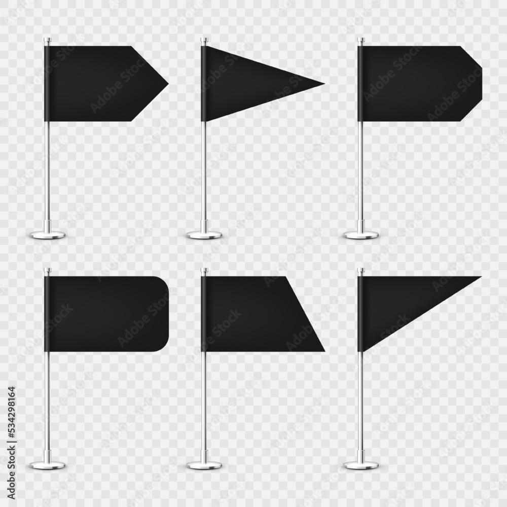 Realistic various table flags on a chrome steel pole. Blank black desk ...