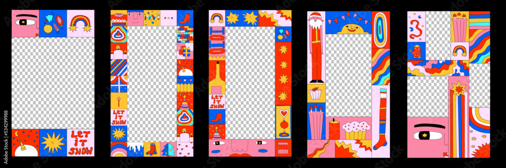 set of 00s template for social media.transparent frame.1970 psychedelic ...
