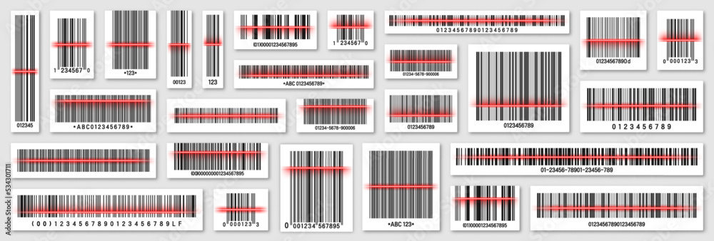 Set of product barcodes with red scanning line. Identification tracking ...