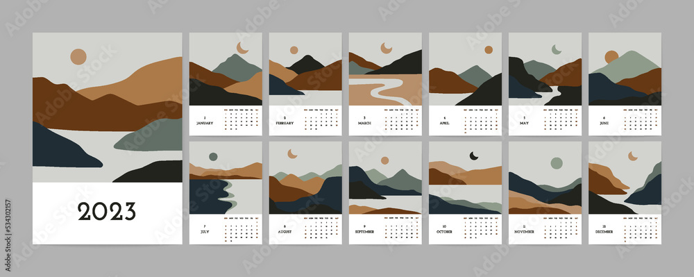 Minimal 2023 year calendar. Mountain horizontal landscapes monthly ...