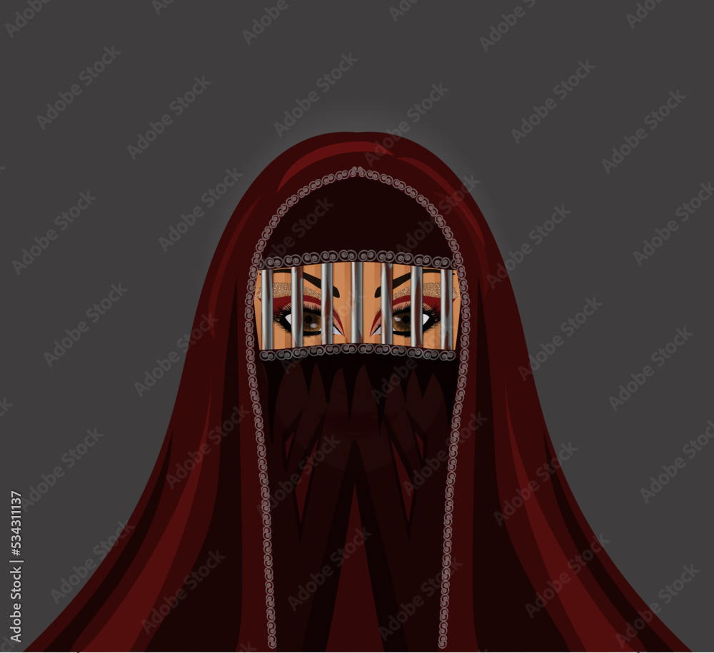 Burka is like a prison. Muslim woman in burqa metal grate, vector ...