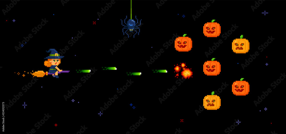 Halloween pixel art retro game with funny Witch vs pumpkin invaders. 8 ...