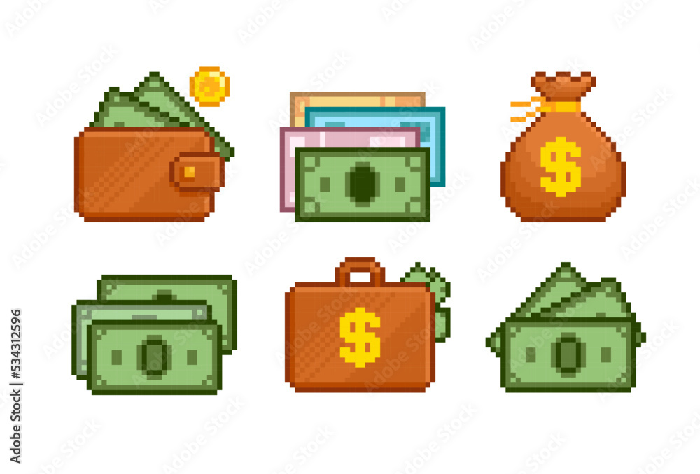 Pixel Art Cash Money icons set for business and finance. Retro game ...