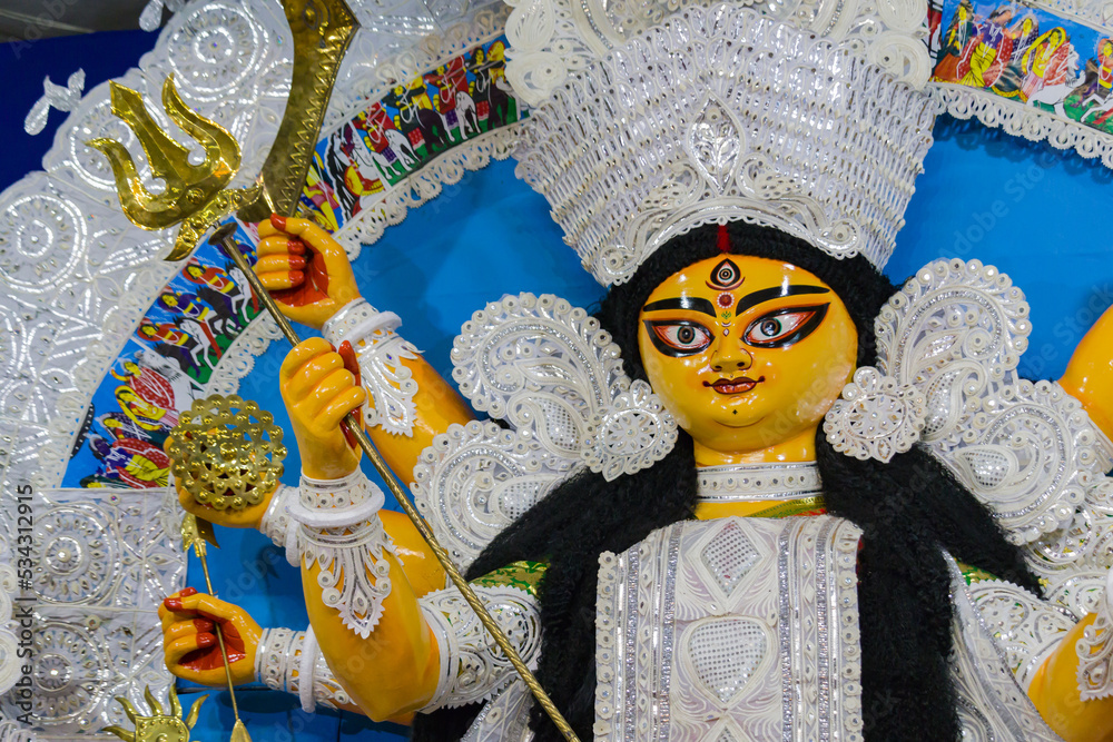 idol of goddess Durga during Durga Puja festival. Hindu deity in ...