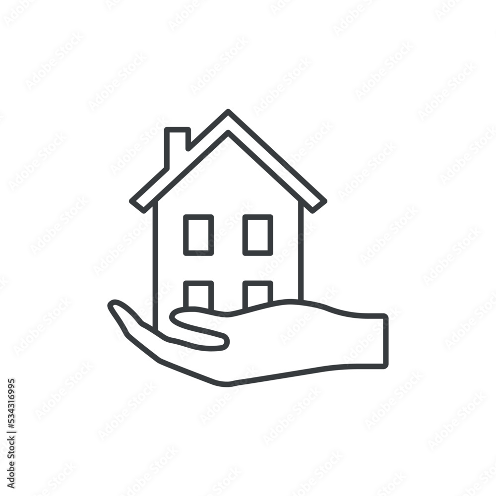 Icon of a hand that holds a two-story house. A simple linear symbol of ...