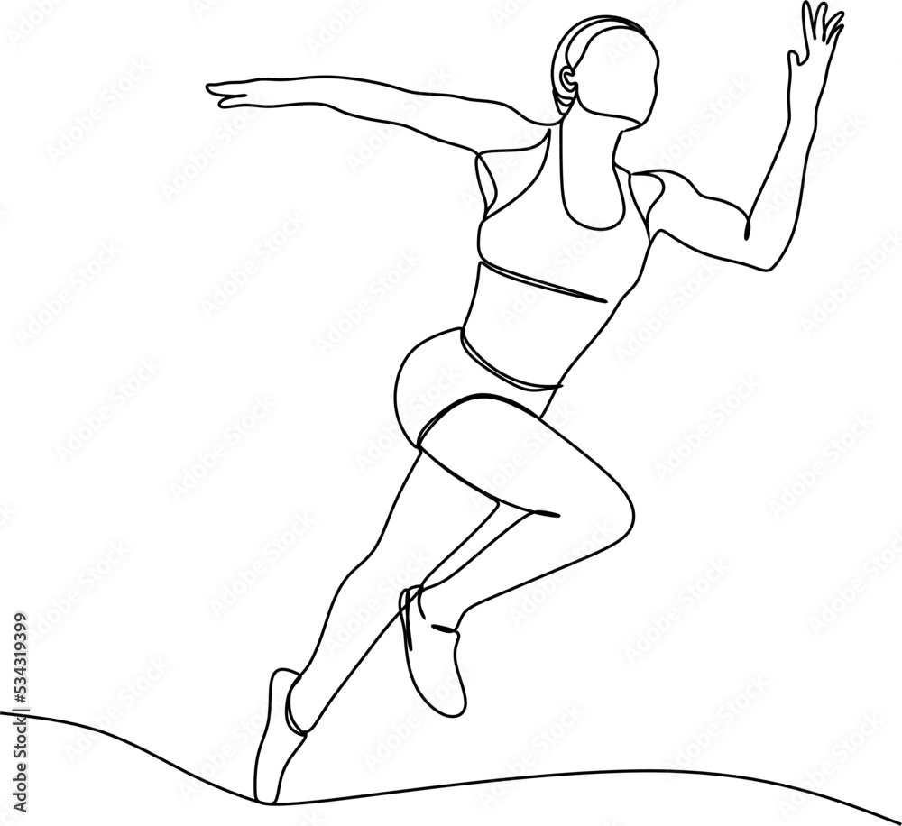 One continuous line drawing of young female athlete runner focus sprint ...