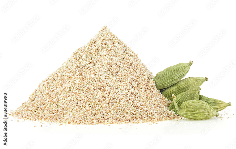 Pile of ground cardamom and cardamom pods isolated on a white ...