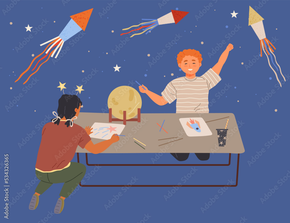 People with colored pencils sitting among rockets and planets. Children ...