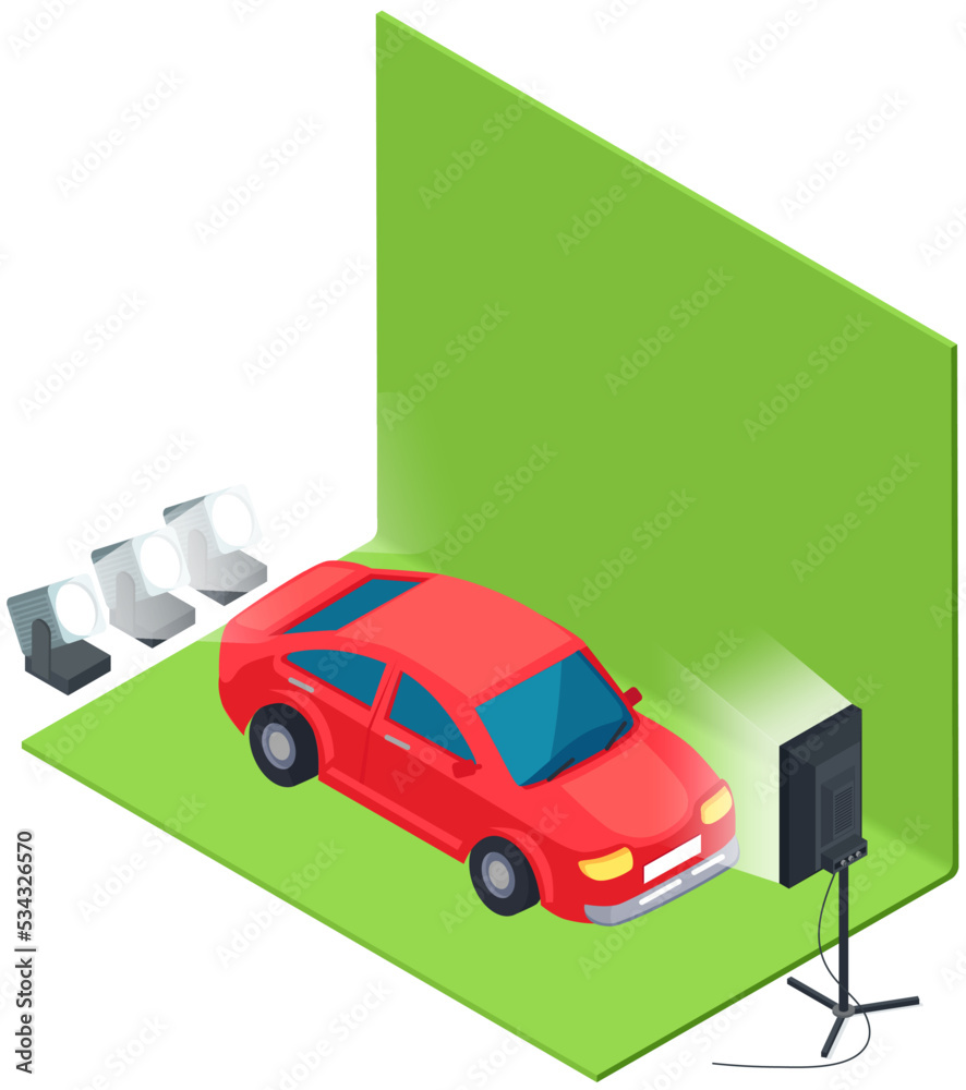 Red car on green screen backdrop in photo or film studio. Green ...