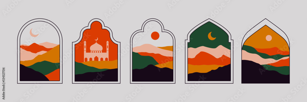 Minimal oriental windows and arches. Islam mosque arabian landscape ...