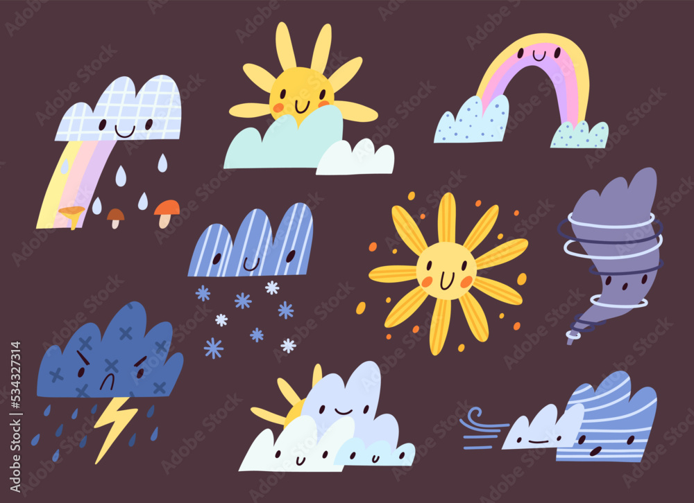 Set of Cute cartoon weather icons. Emotional weather forecast. Vector ...