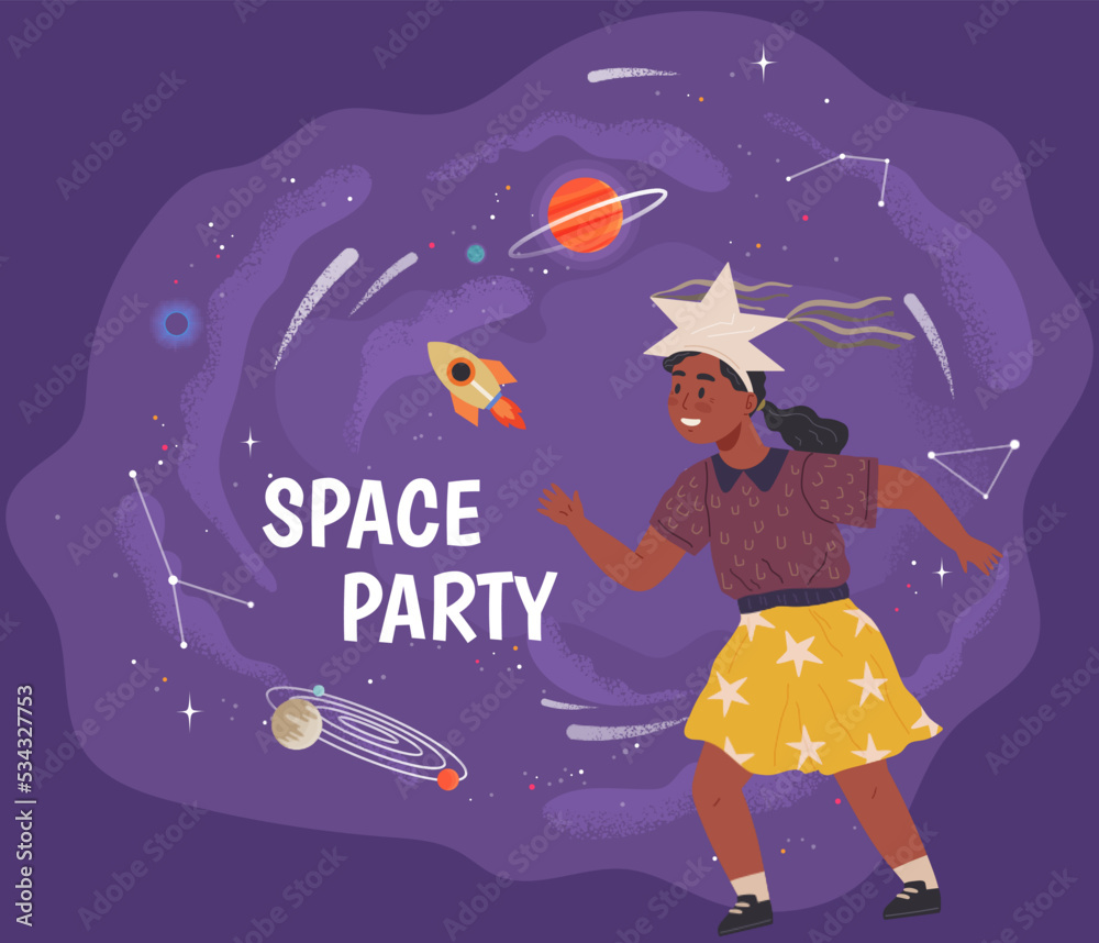 Space party vector female astronaut, cosmonaut, spaceship, comets ...