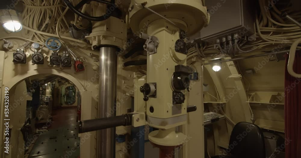 Submarine periscope. Interior of combat submarine compartment with ...